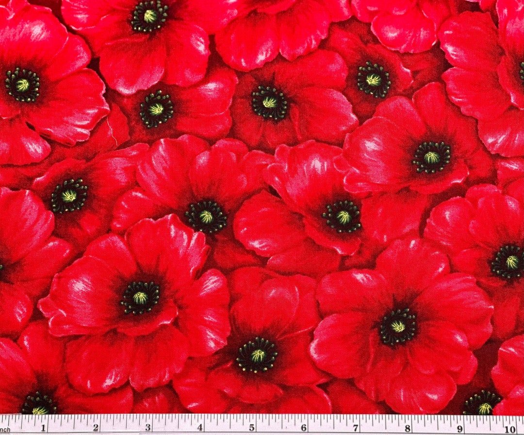 Red Flowers Fabric, Poppy Flowers Fabric, Red Floral Fabric, Red and ...