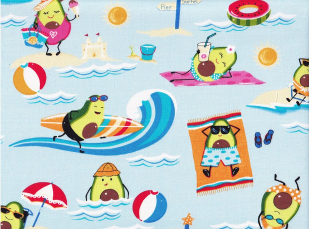 Avocado Fabric, Happy Avocados Having Fun in the Beach Fabric, Kids ...