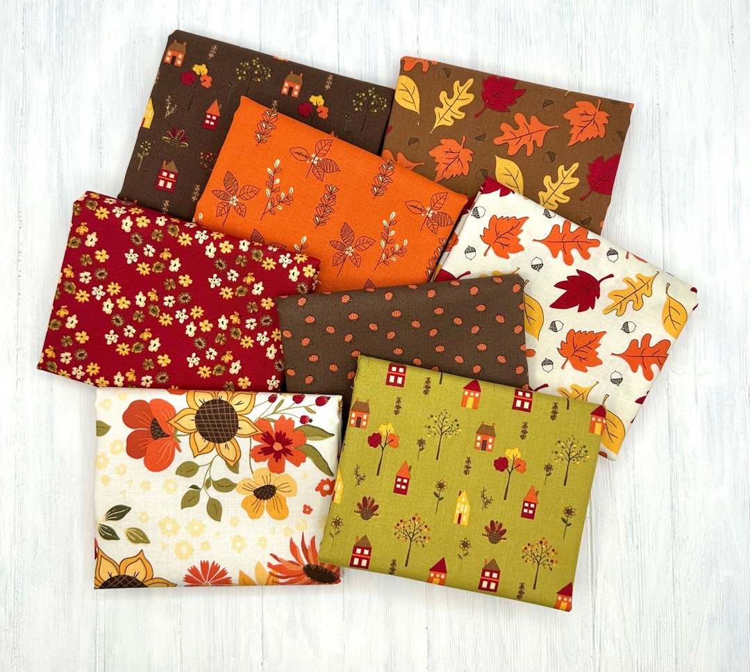 Autumn Bundle of 8 Fabrics, Fall Fabrics, Thanksgiving Colorful Fabrics, CHOOSE YOUR CUT 100% ...