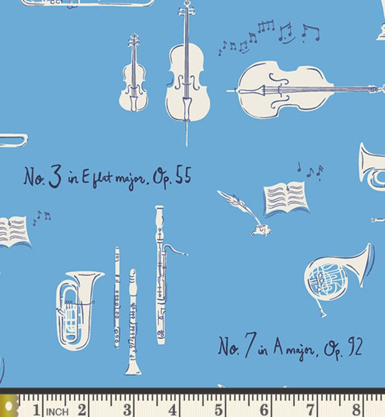 Musician Fabric, Musical Instruments Over Blue Fabric for Sonata ...