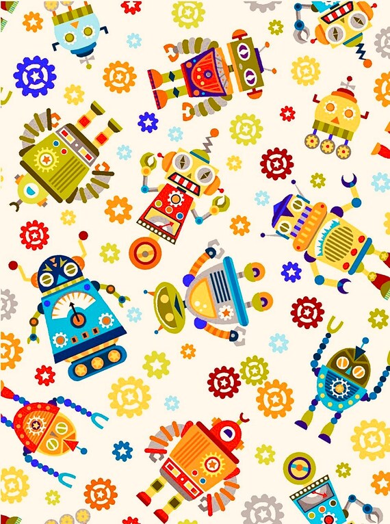 Robots fabric Robots and gears over cream fabric Children | Etsy