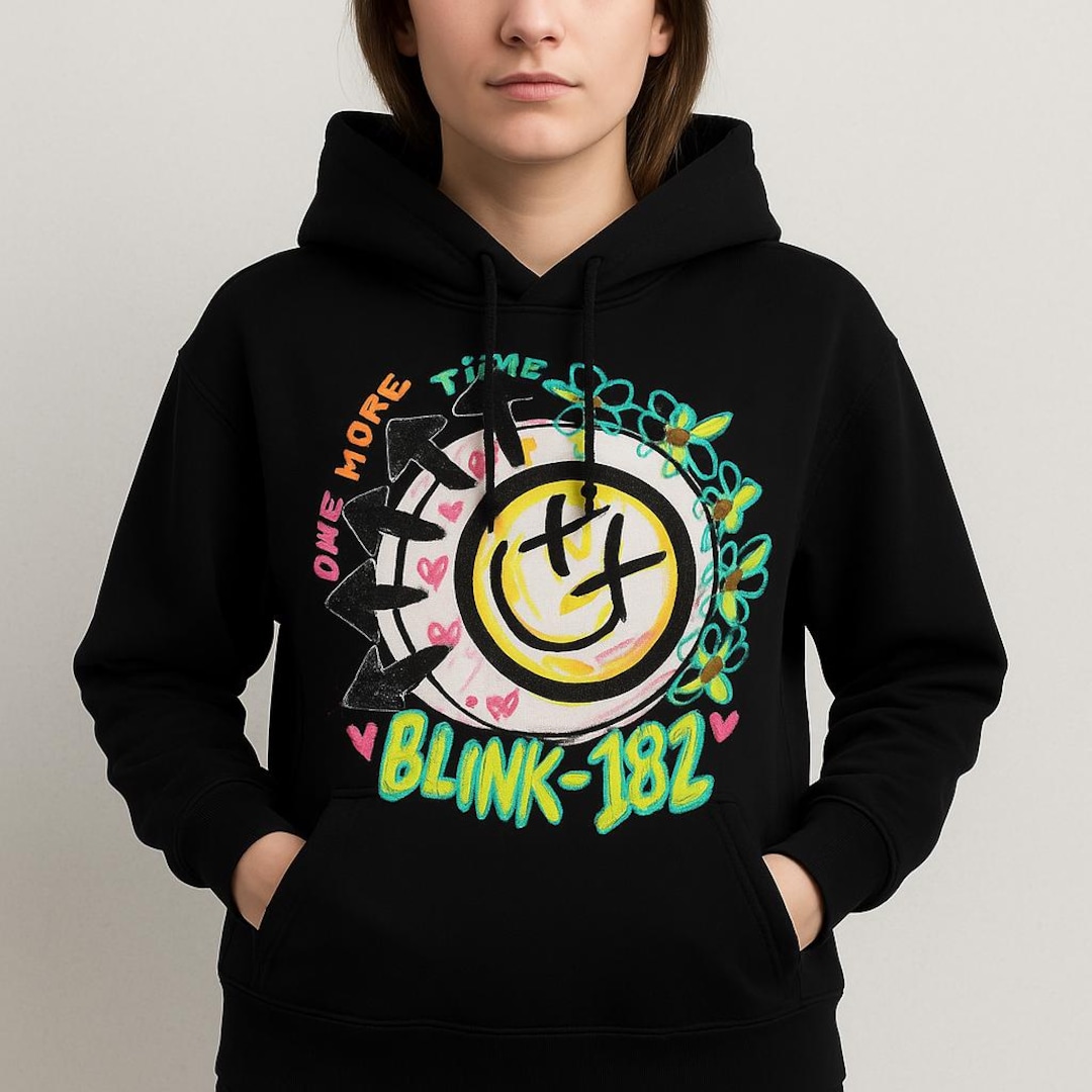 Blink 182 Hoodie One More Time Smiley Logo Graphic Pop Punk Band