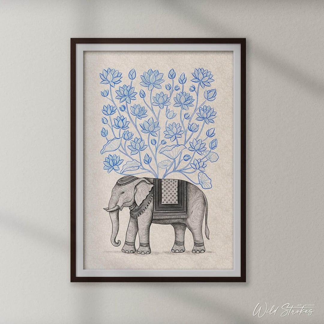 Lotus Elephant Line Art Print: Boho Spiritual Wall Decor (digital ...