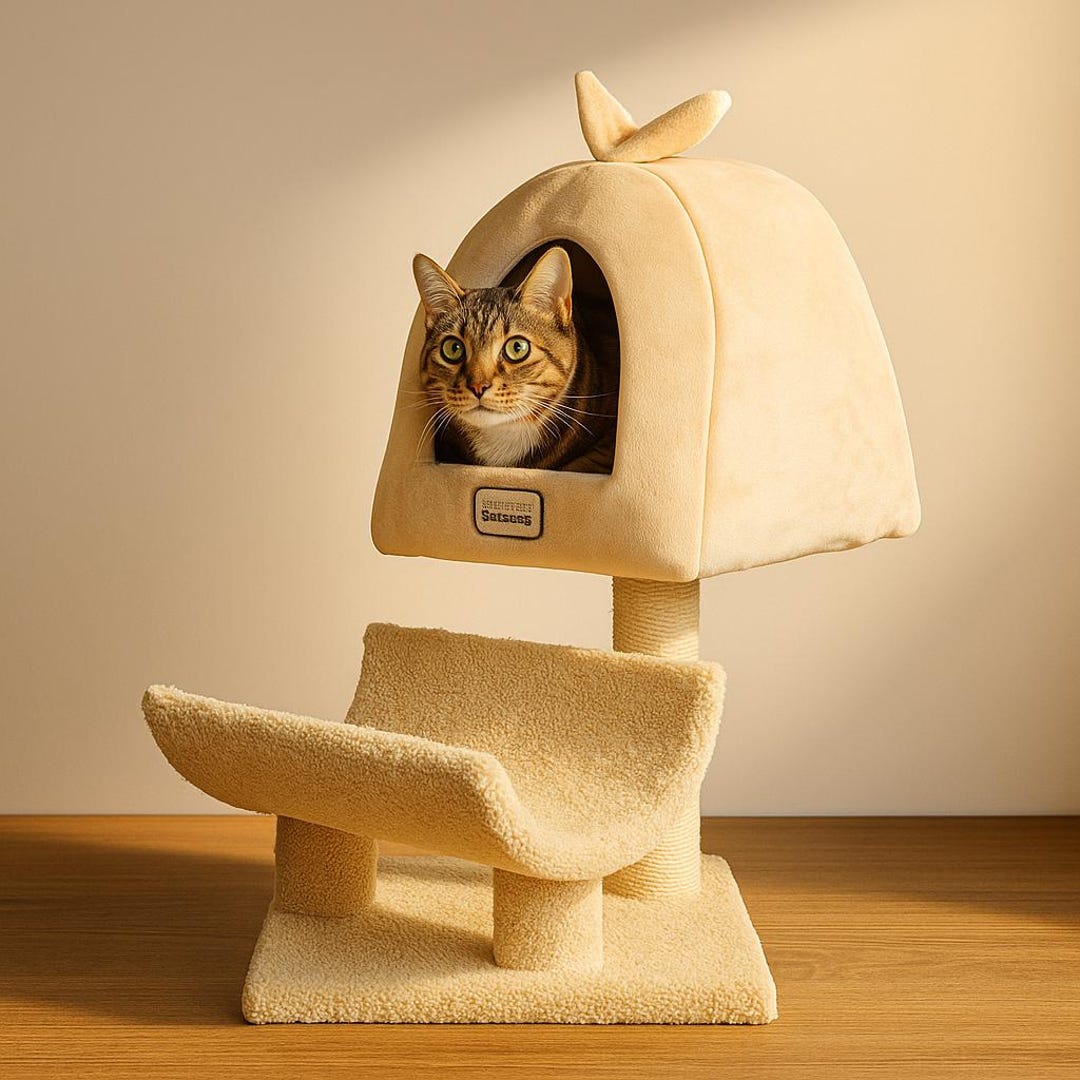 Modern Beige Cat Tree for Small Cats, Minimalist Dome Cat House With ...