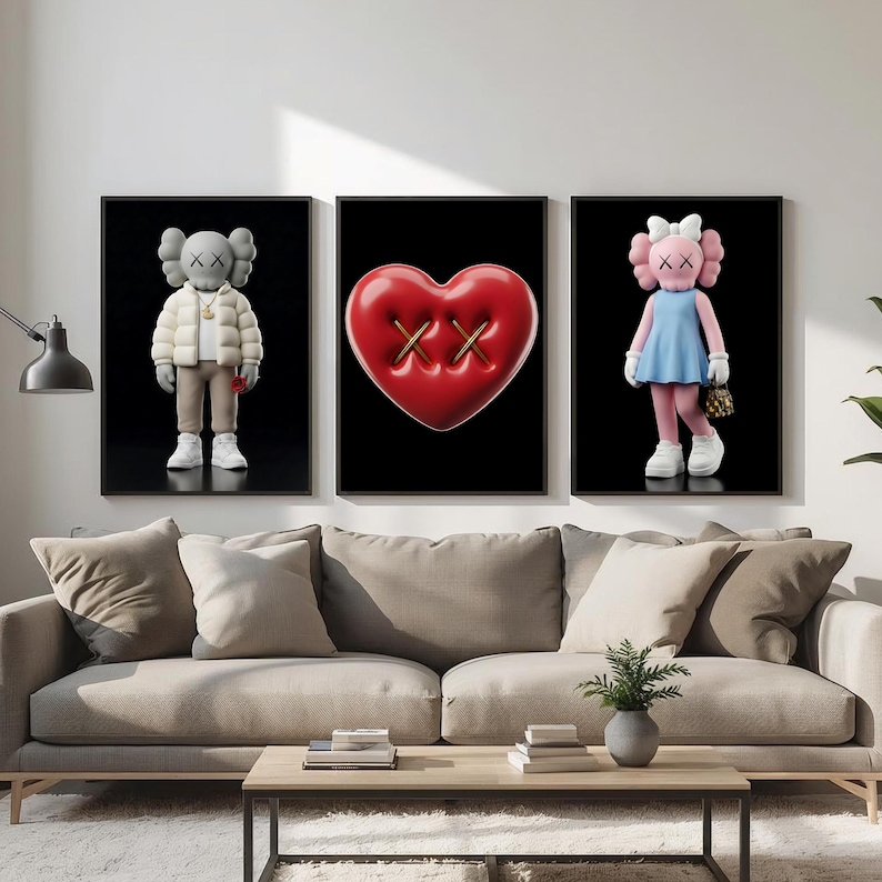 Decorative Hypebeast Couple Kaws Designer Wall Art Poster Set of 3 ...