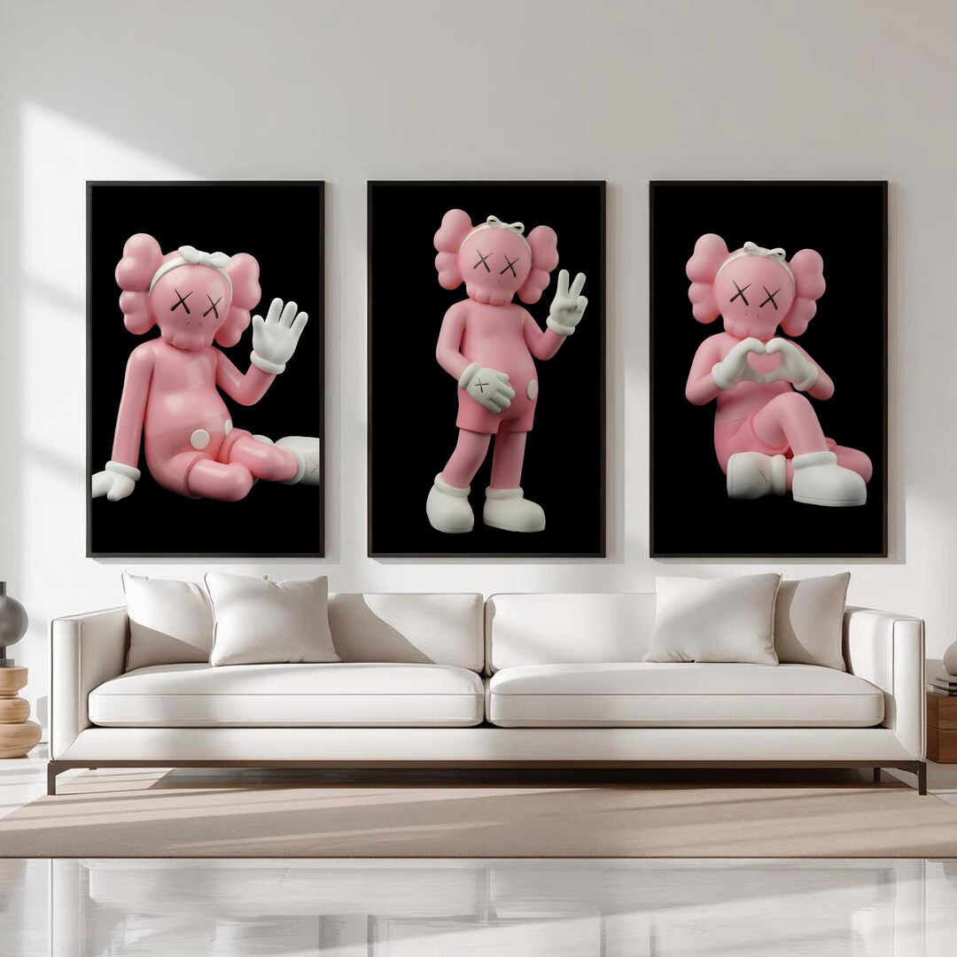 Decorative Hypebeast Pink Kaws Inspired Designer Wall Art Poster Set of ...