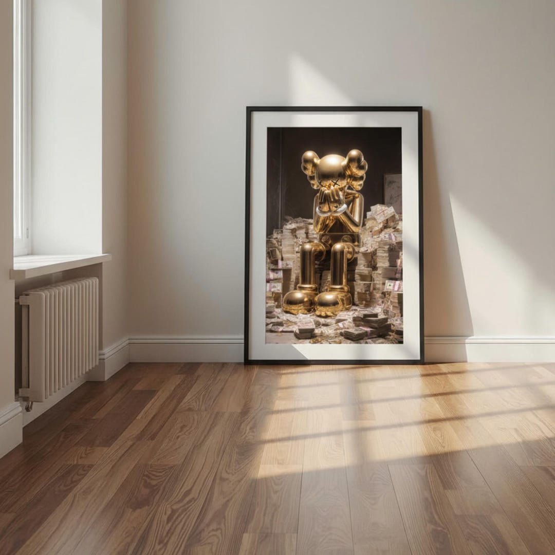 Kaws Money Art Print, Golden Statue on Cash Pile, Modern Wall Decor - Etsy