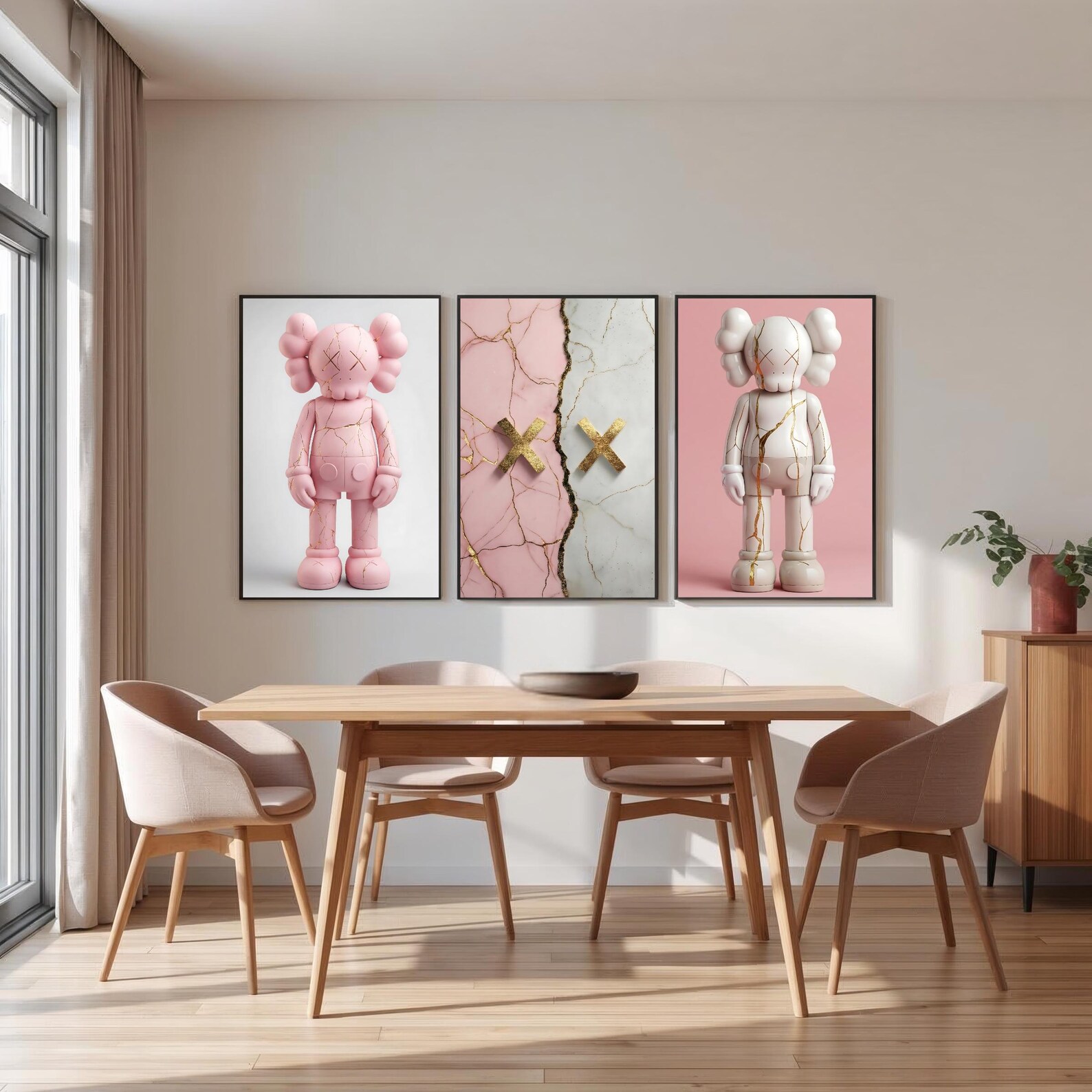 Decorative Hypebeast Pink Kaws Designer Wall Art Poster Set of 3, Kaws ...