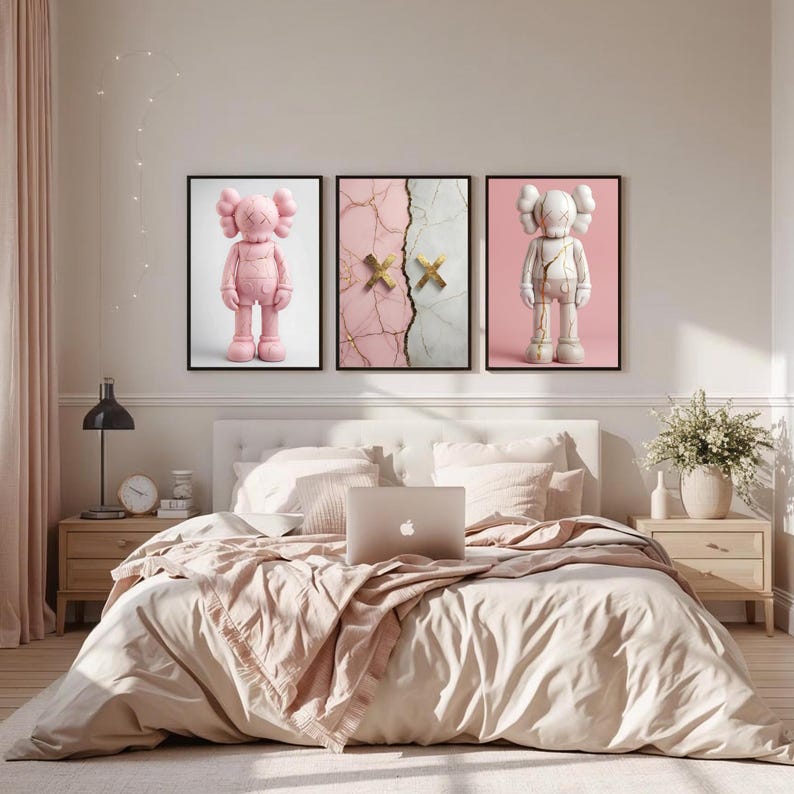 Decorative Hypebeast Pink Kaws Designer Wall Art Poster Set of 3, Kaws ...