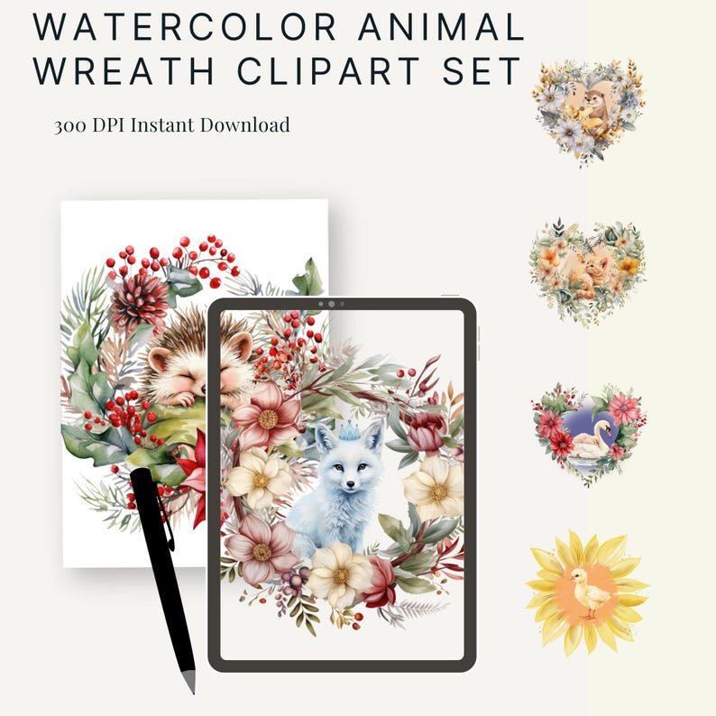 Watercolor Animal Wreath Clipart Set – Fox, Hedgehog, Otter, Kitten ...