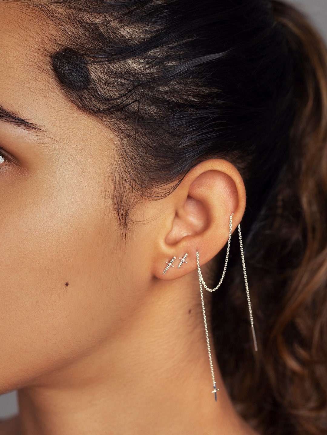 Threader Dagger Mismatched Chain Sword Grunge Earrings - Double Piercing Earrings - Lunai ...