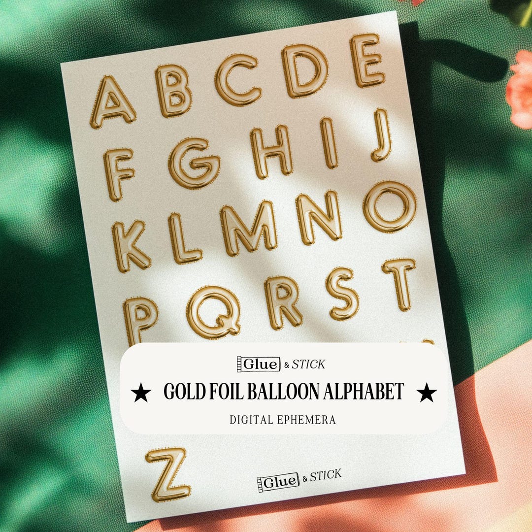 Gold Foil Balloon Alphabet Digital Sticker Sheet for Junk Journaling ...