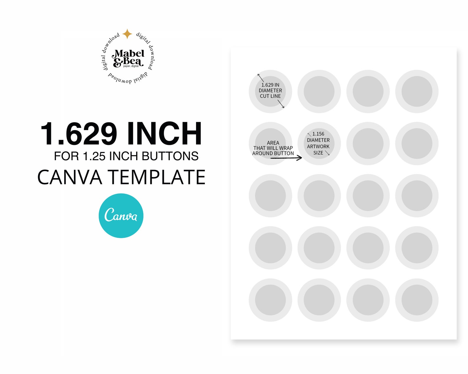 1.25 Inch Pin Back Button CANVA Template 1.629 Inch Circles - Etsy