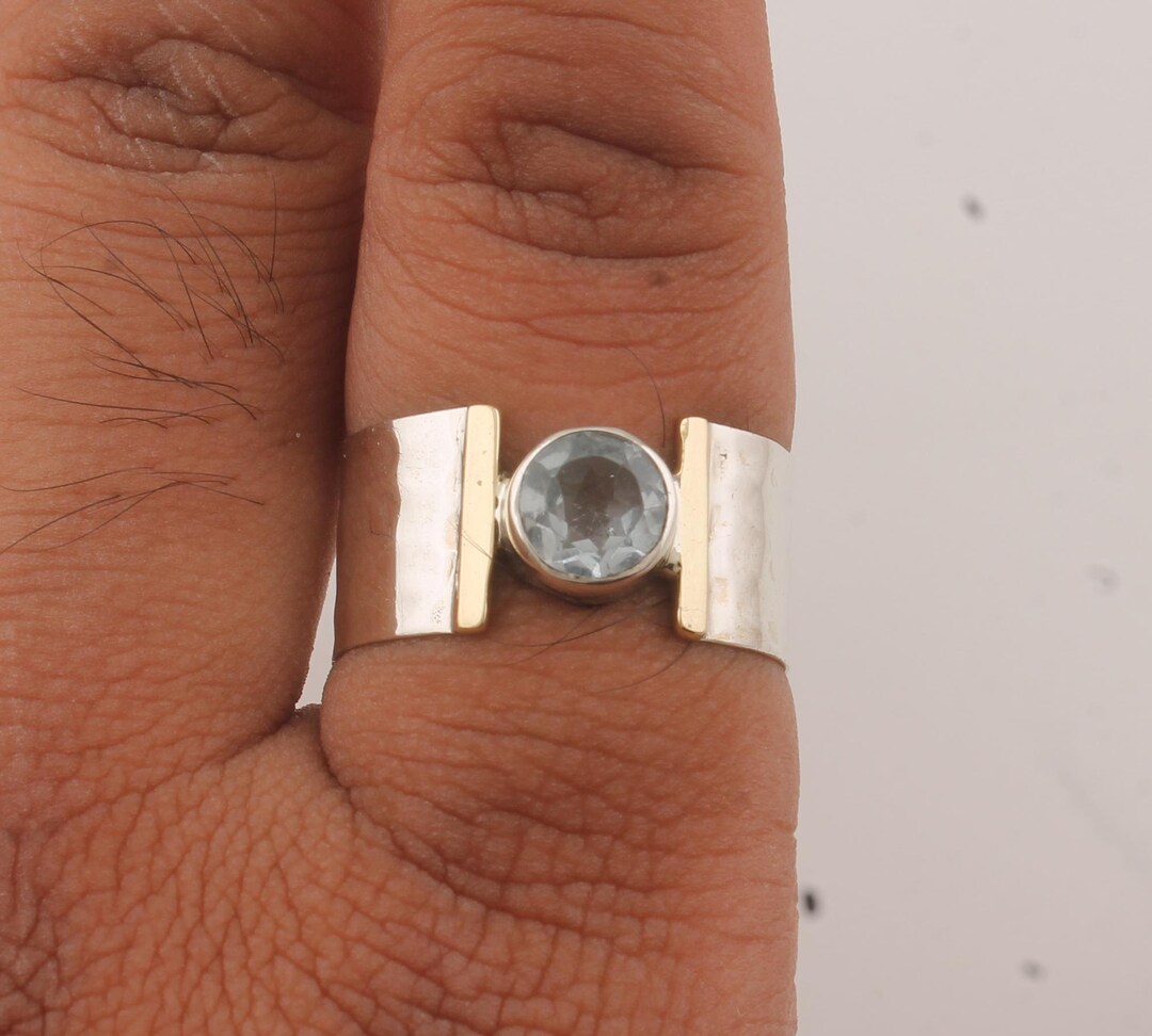 Blue Topaz Spinner Ring: Two-tone Gemstone Band, Handmade Jewelry - Etsy