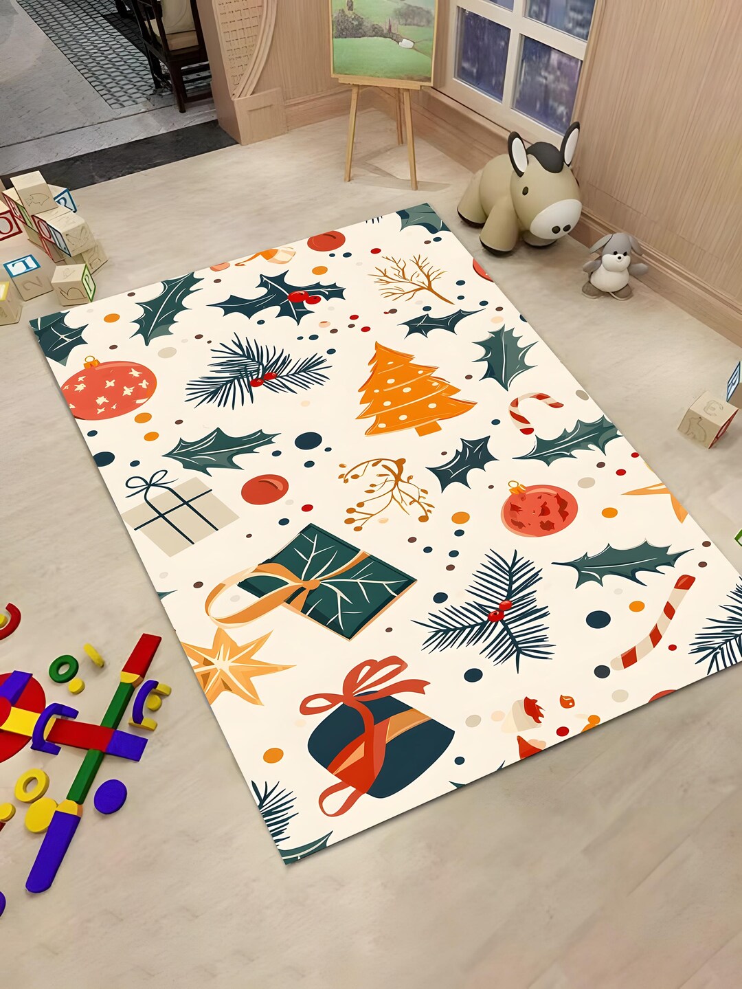Christmas Pattern Kids Rug – Holiday Playroom Nursery Floor Mat - Etsy