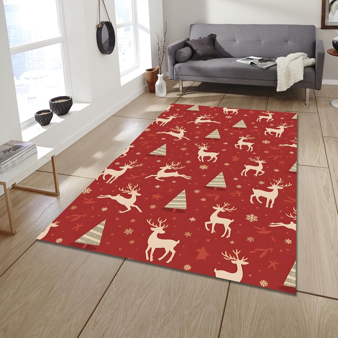 Christmas Reindeer and Pine Tree Area Rug, Red Festive Holiday Carpet ...