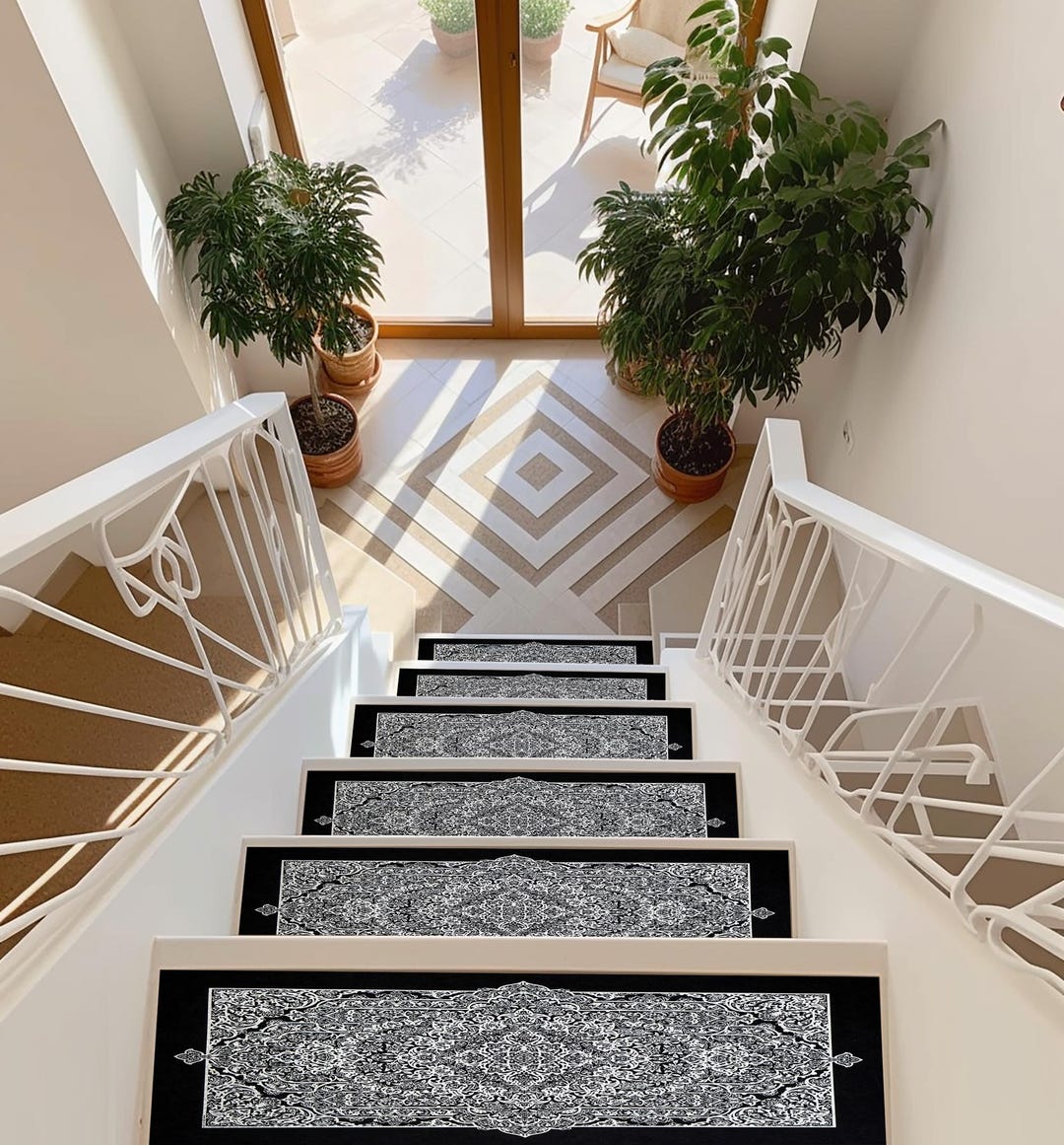 Luxury Black and White Baroque Stair Treads, Elegant Ornate Pattern ...