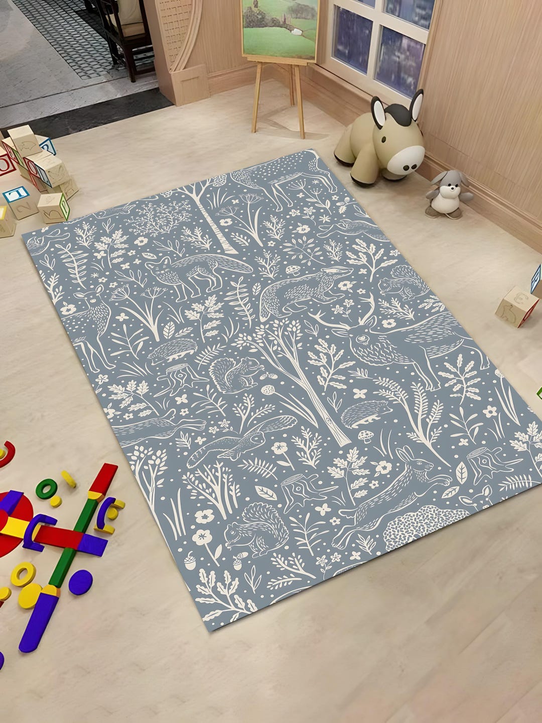Modern Forest Animals Rug, Machine Washable Blue Woodland Area Carpet ...