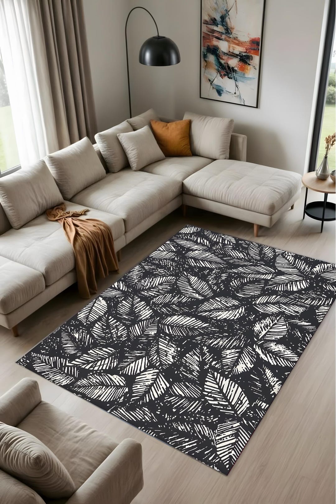 Minimalist Leaf Pattern Area Rug, Black and White Nature Inspired ...