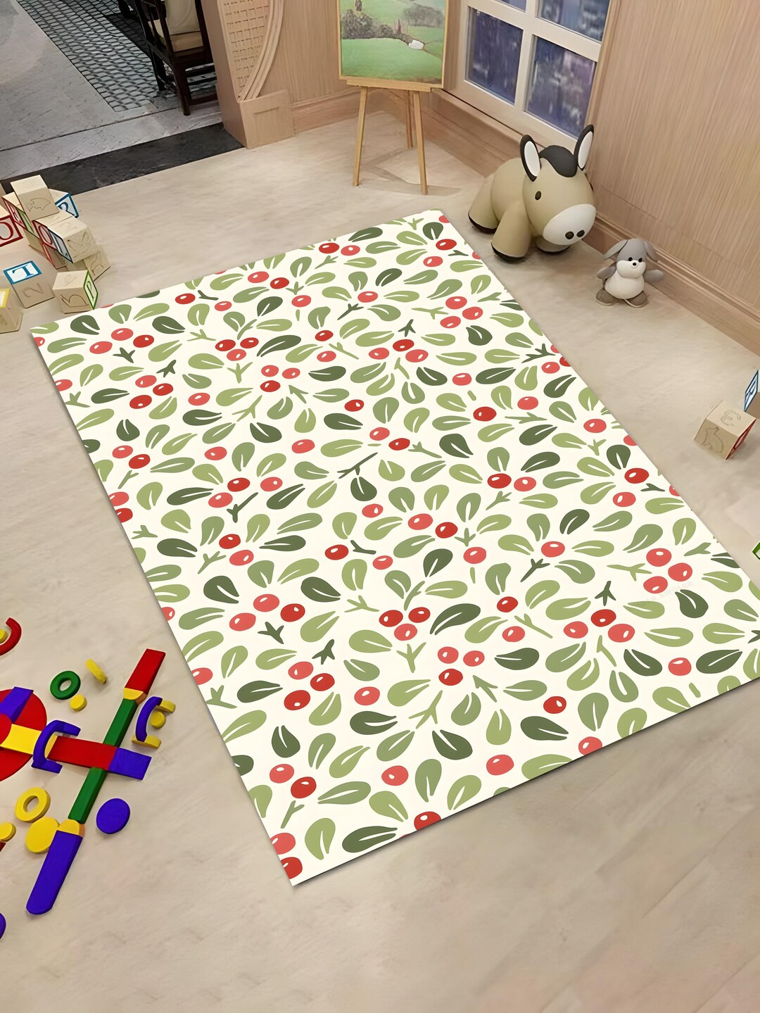 Red Berry Leaf Print Rug - Machine Washable Rug for Entryway, Non-slip ...