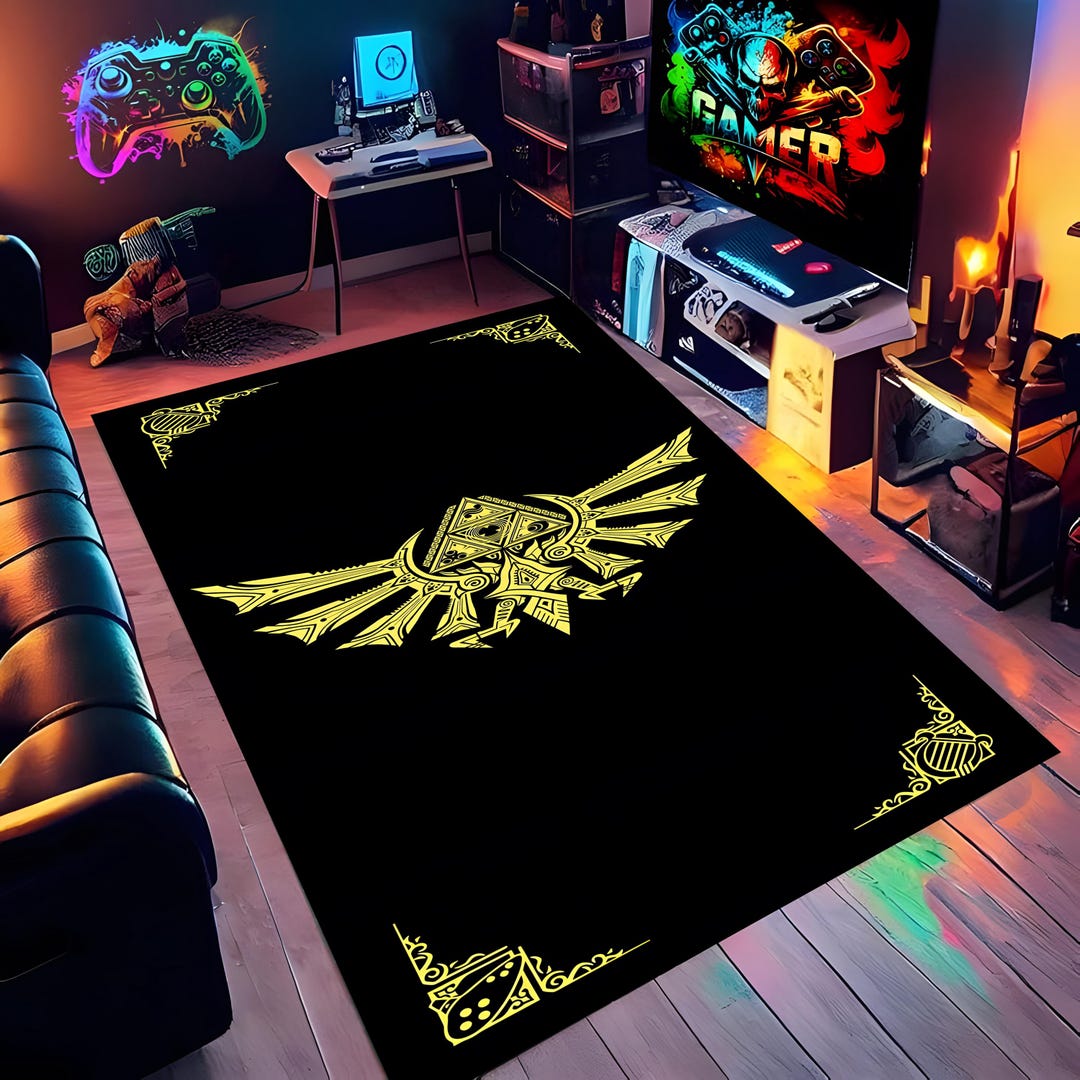 Zelda Triforce Rug, Hylian Crest Carpet, Black and Gold Gamer Decor ...