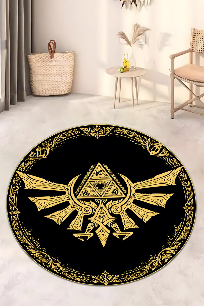 Zelda Round Rug - Machine Washable Rug for Gaming Room, Non-slip Black ...