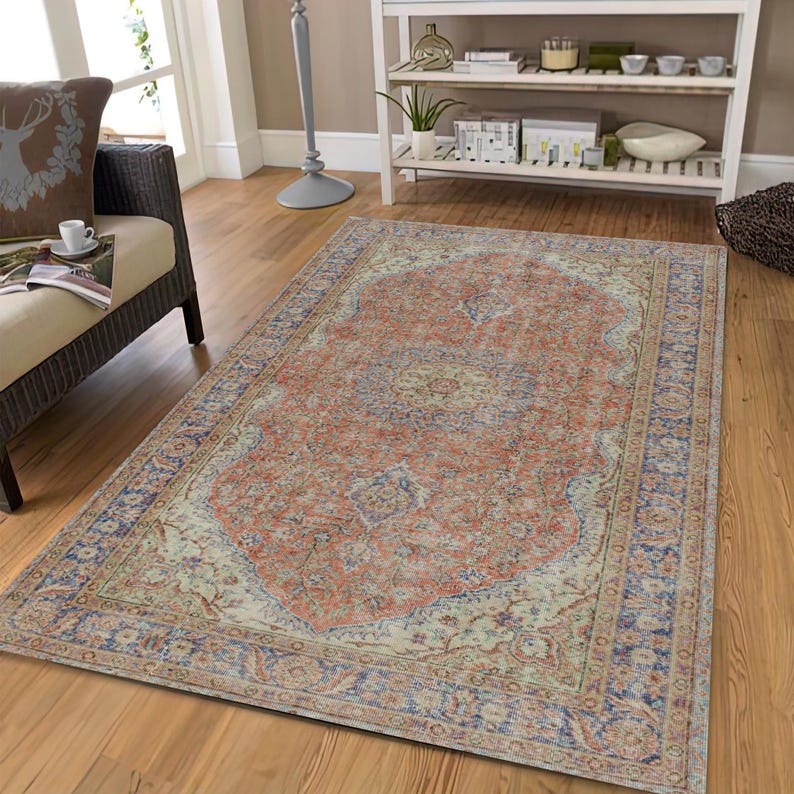 Printed Vintage Turkish Rug,terracotta Orange Distressed Area Rug ...
