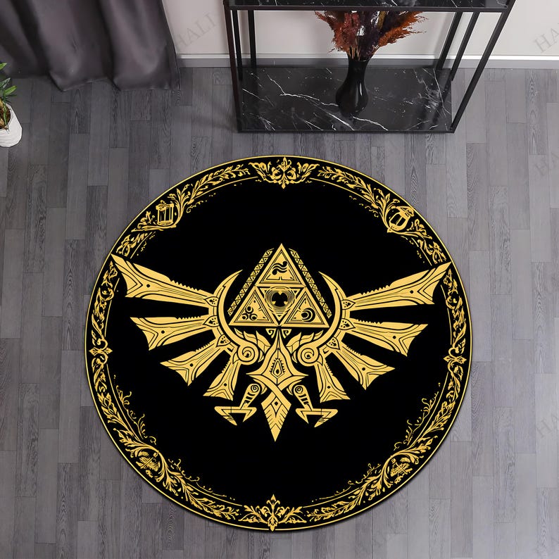Zelda Round Rug - Machine Washable Rug for Gaming Room, Non-slip Black ...