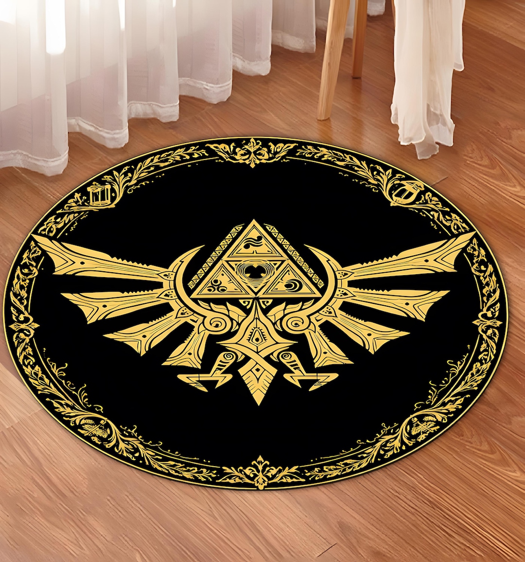 Zelda Round Rug - Machine Washable Rug for Gaming Room, Non-slip Black ...