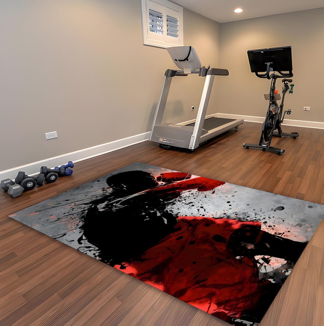 Boxing Silhouette Area Rug, Red Splatter Combat Sports Floor Mat ...