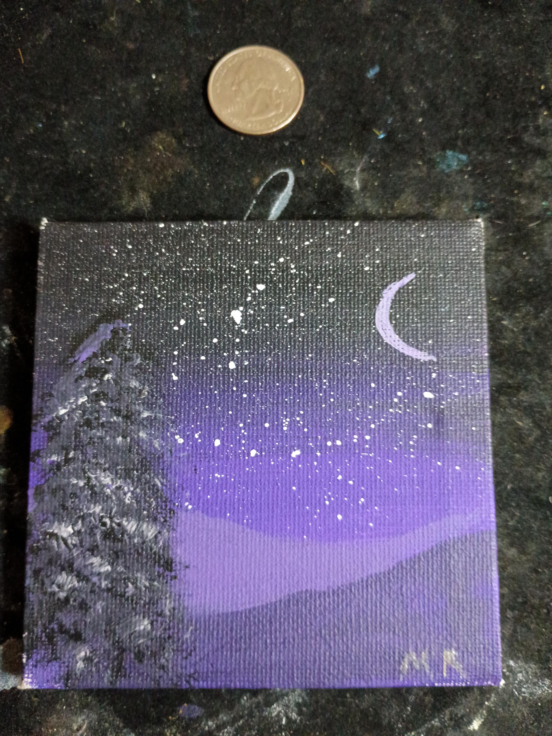Night/ Mountains/ Stars/ Crescent Moon/ Acrylic Painting/ Mini Canvas ...