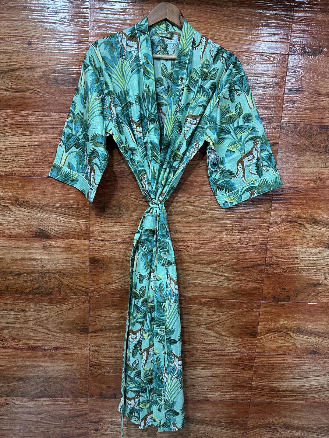 Tiger Print Cotton Kimono Robe: Green Boho Lounge Wear - Etsy
