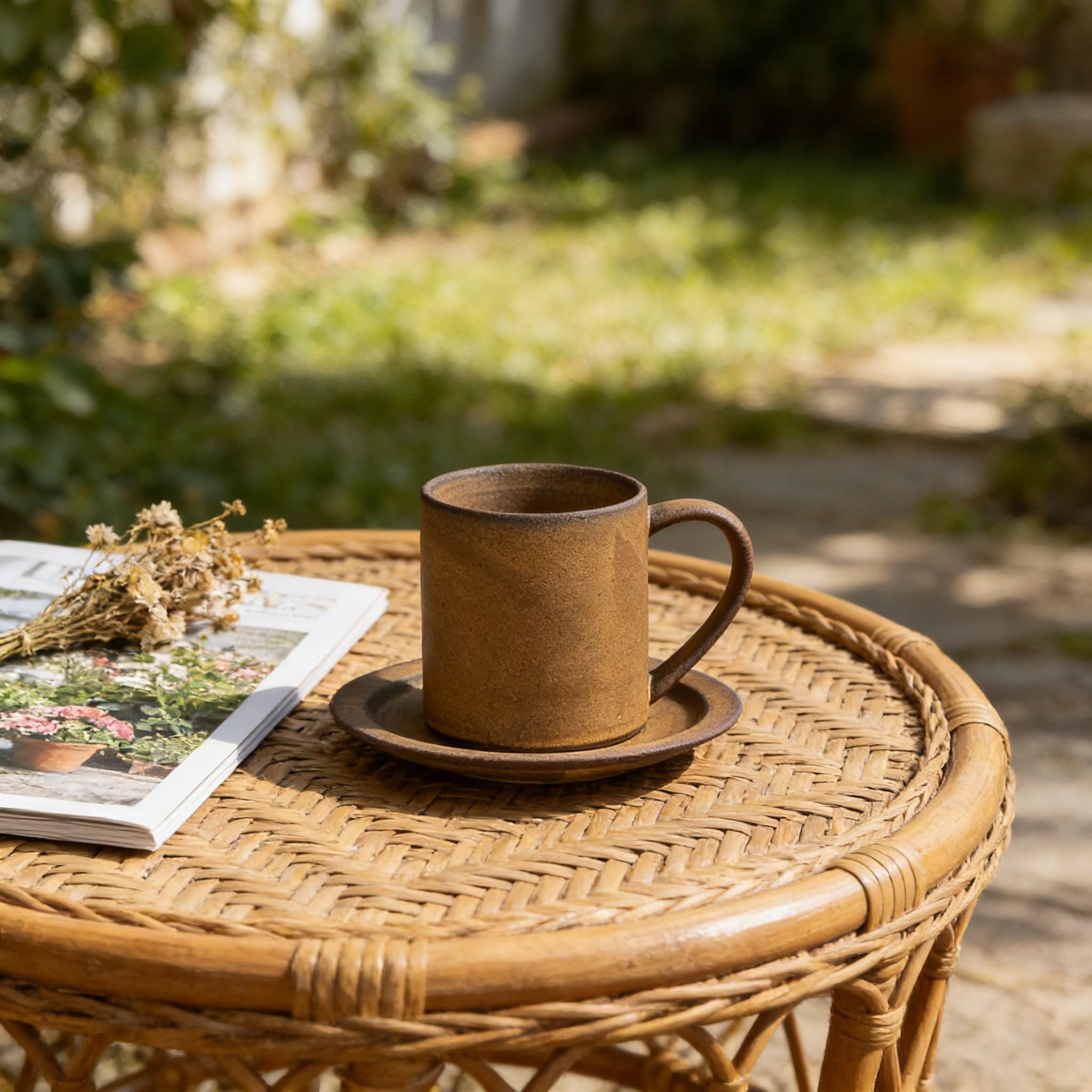 Minimalist Ceramic Coffee Mug With Saucer, Matte Brown Coffee Cup 350ml ...