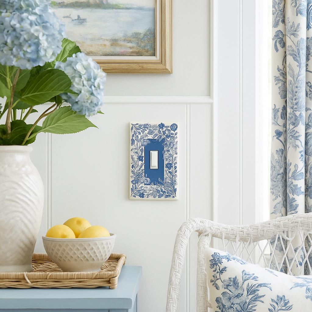 Indigo Blue Wildflower Metal Light Switch Cover, Vintage Woodblock ...