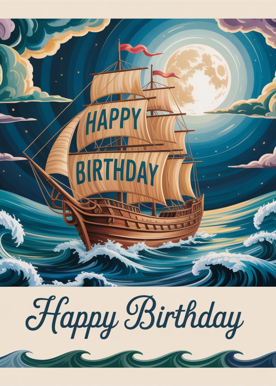 Nautical Sailing Ship Birthday Card: Ocean Waves (digital Download) - Etsy