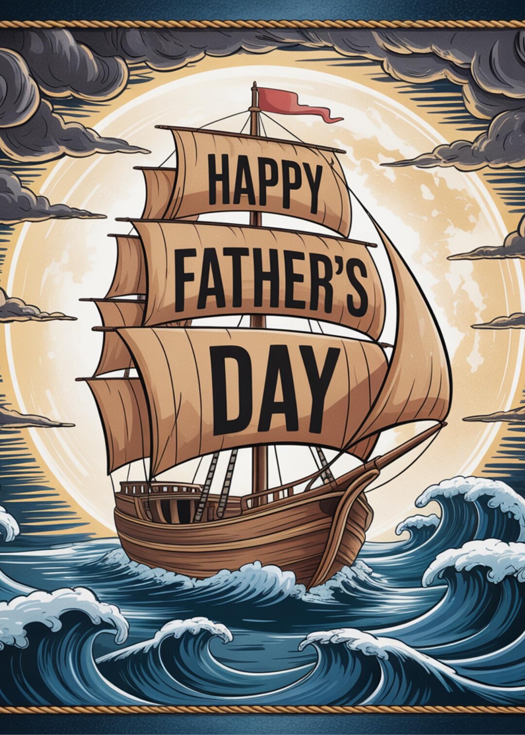 Nautical Father's Day Card: Sailing Ship & Moonlit Waves (digital ...