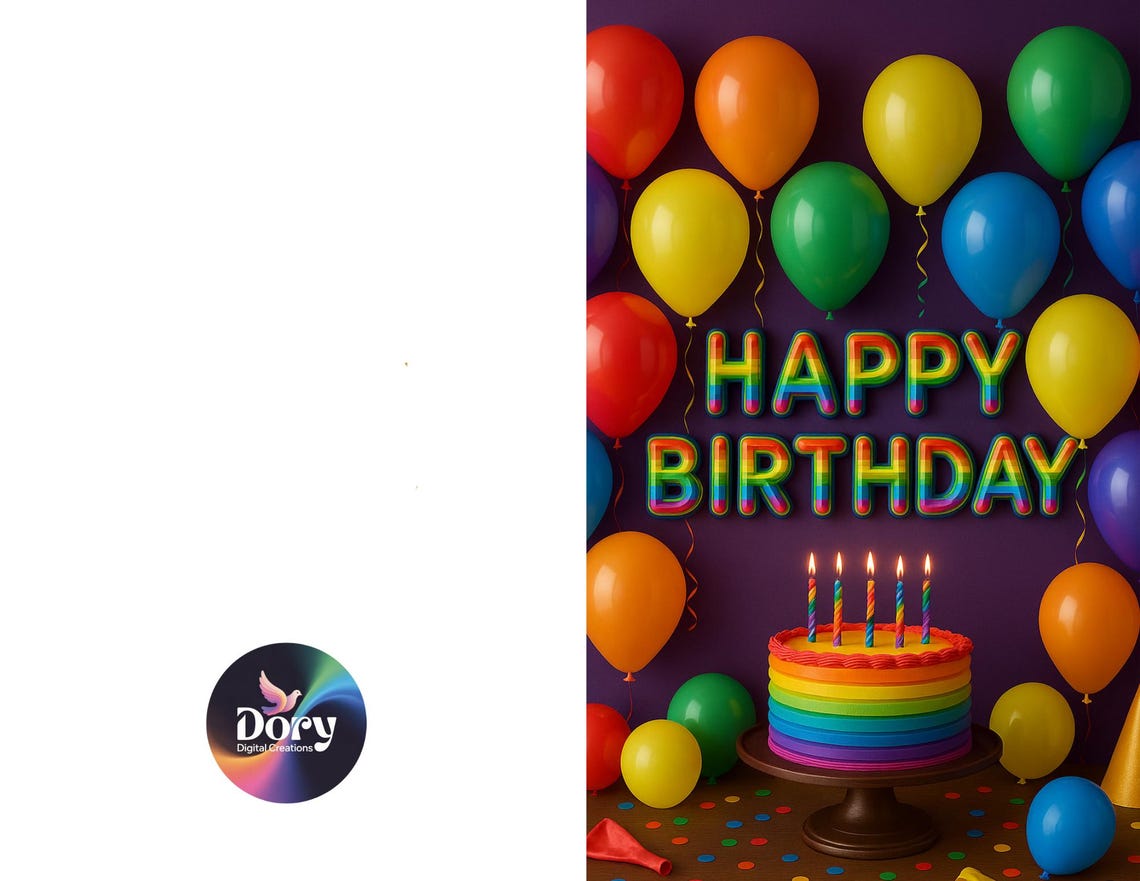 Rainbow Birthday Card: Balloons & Cake - Printable or Digital - Etsy