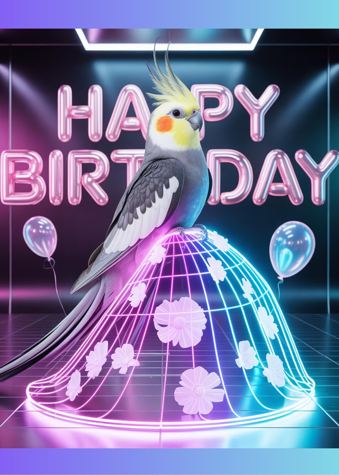 Cockatiel Birthday Card: Neon Floral Glow, Bird Lover Gift (digital ...