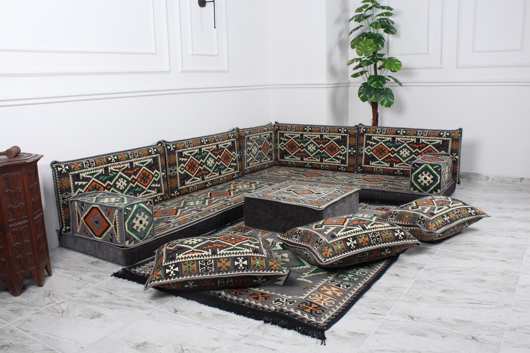 L-shaped Arabic Majlis Floor Cushion Set: Dark Gray Eastern Sofa - Etsy