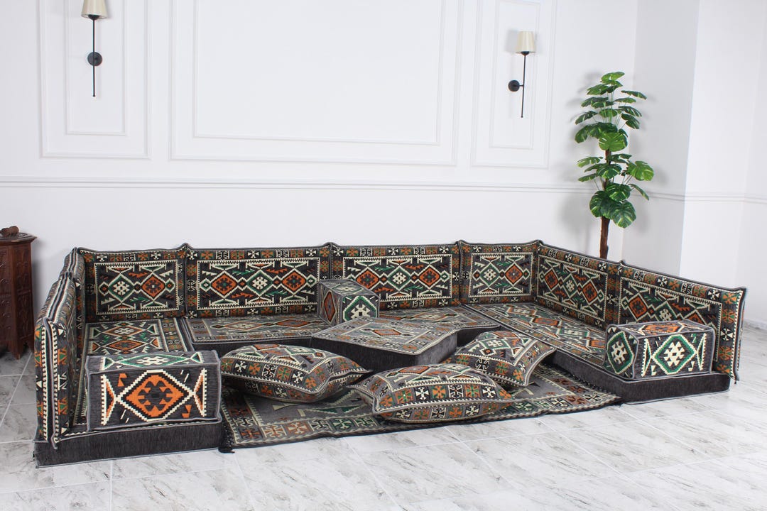 U Shaped Arabic Seatings, Gray Floor Cushion, Ethnic Patterned Cushions ...