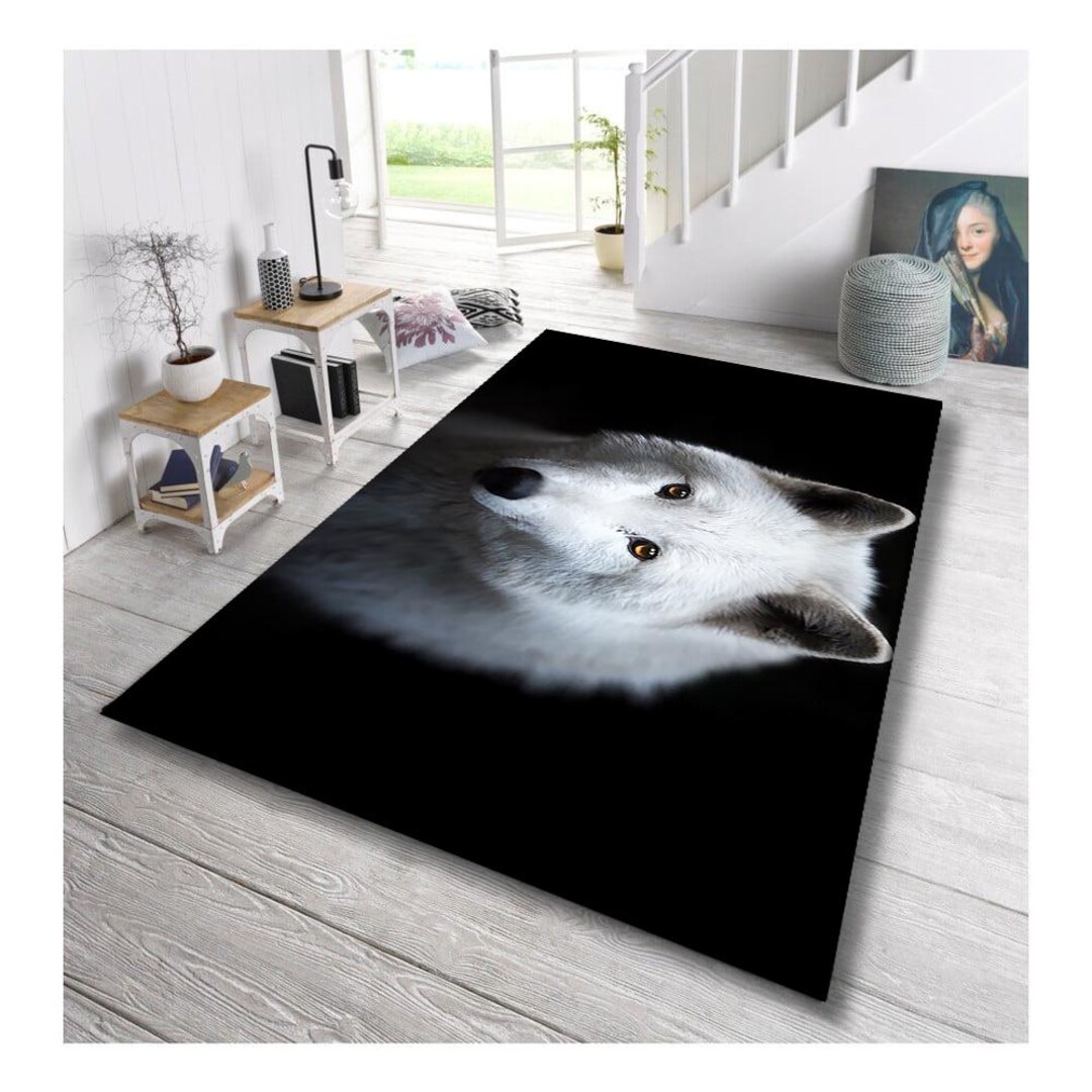 White Wolf Rug, Black Wolf Carpet, Wolf Art Rug, Spirit Animal Decor ...