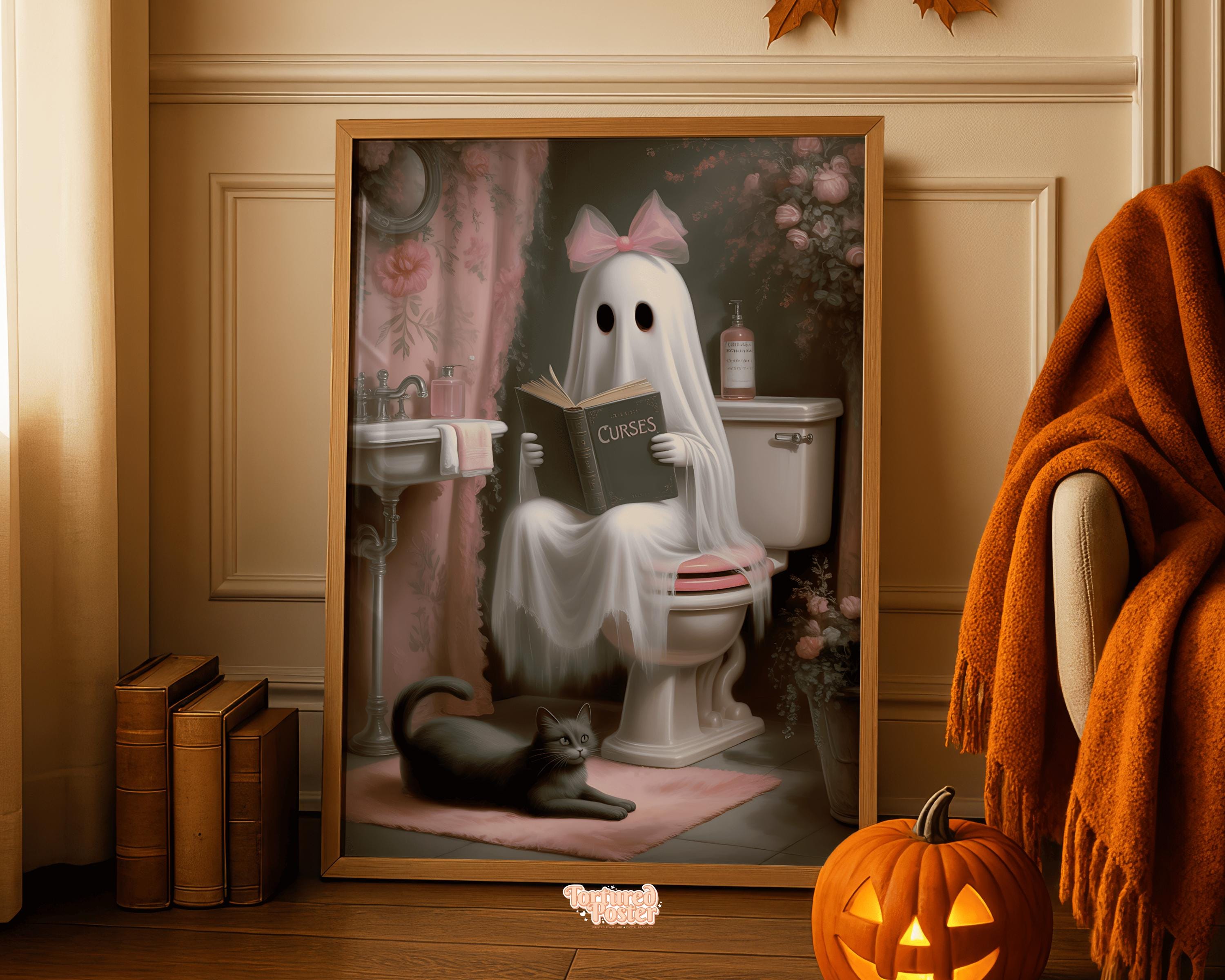 Ghost Toilet Print Reading Curses Book | Pinkoween Cat Mom Art | Halloween Bathroom Wall Art ...