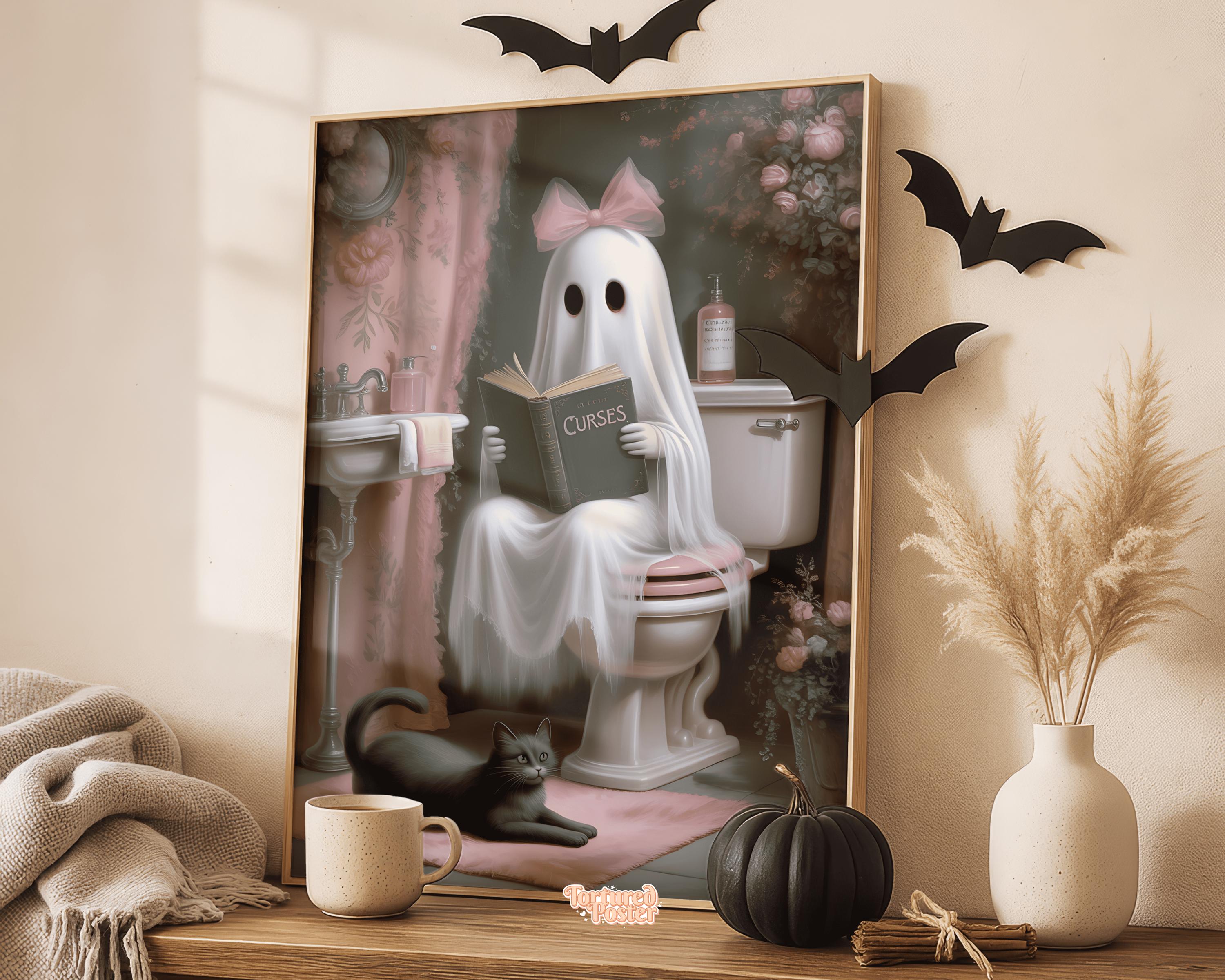 Ghost Toilet Print Reading Curses Book | Pinkoween Cat Mom Art | Halloween Bathroom Wall Art ...