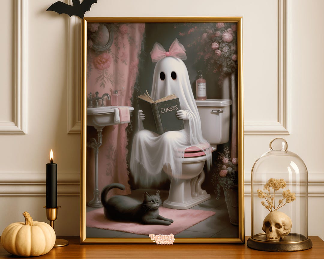 Ghost Toilet Print Reading Curses Book | Pinkoween Cat Mom Art | Halloween Bathroom Wall Art ...