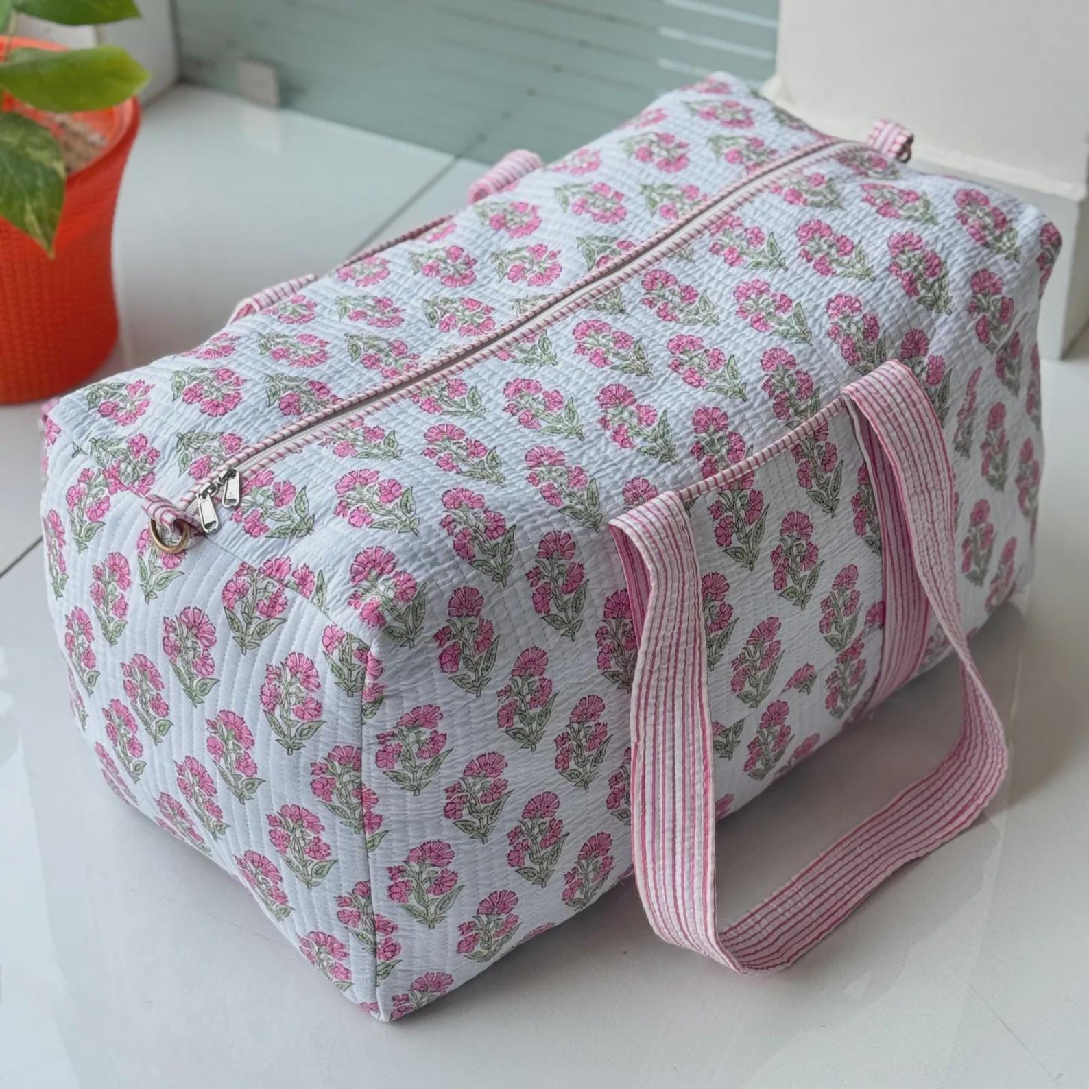 Large Quilted Cotton Duffle Bags - Hand Block Floral Duffle Bag ...