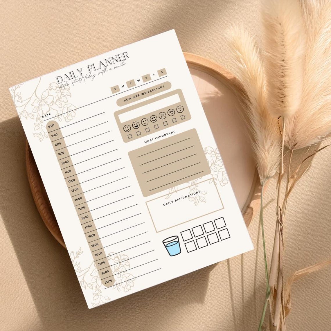 Beige Minimalist Daily Planner | Flower Accent Daily Planner | Daily ...