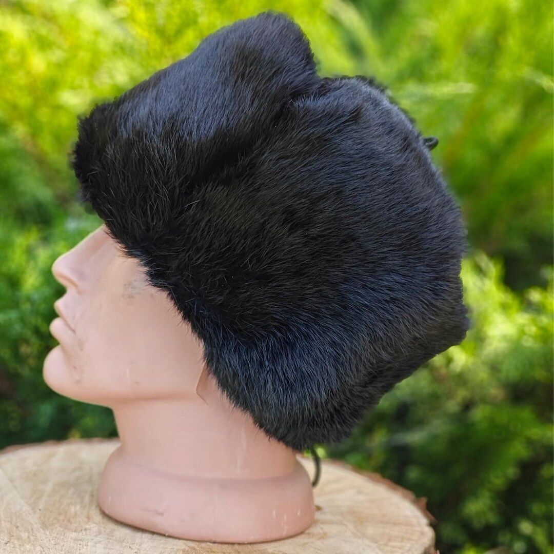 Black Rabbit Fur Ushanka — Authentic Trapper Ear Flap Hat, Classic ...
