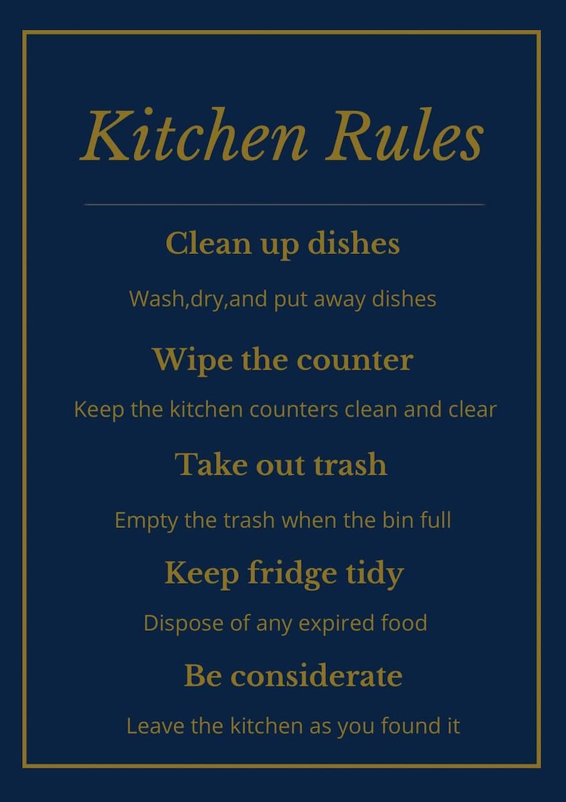Kitchen Rules Sign Navy Blue Gold | Airbnb Printable Kitchen Rules ...