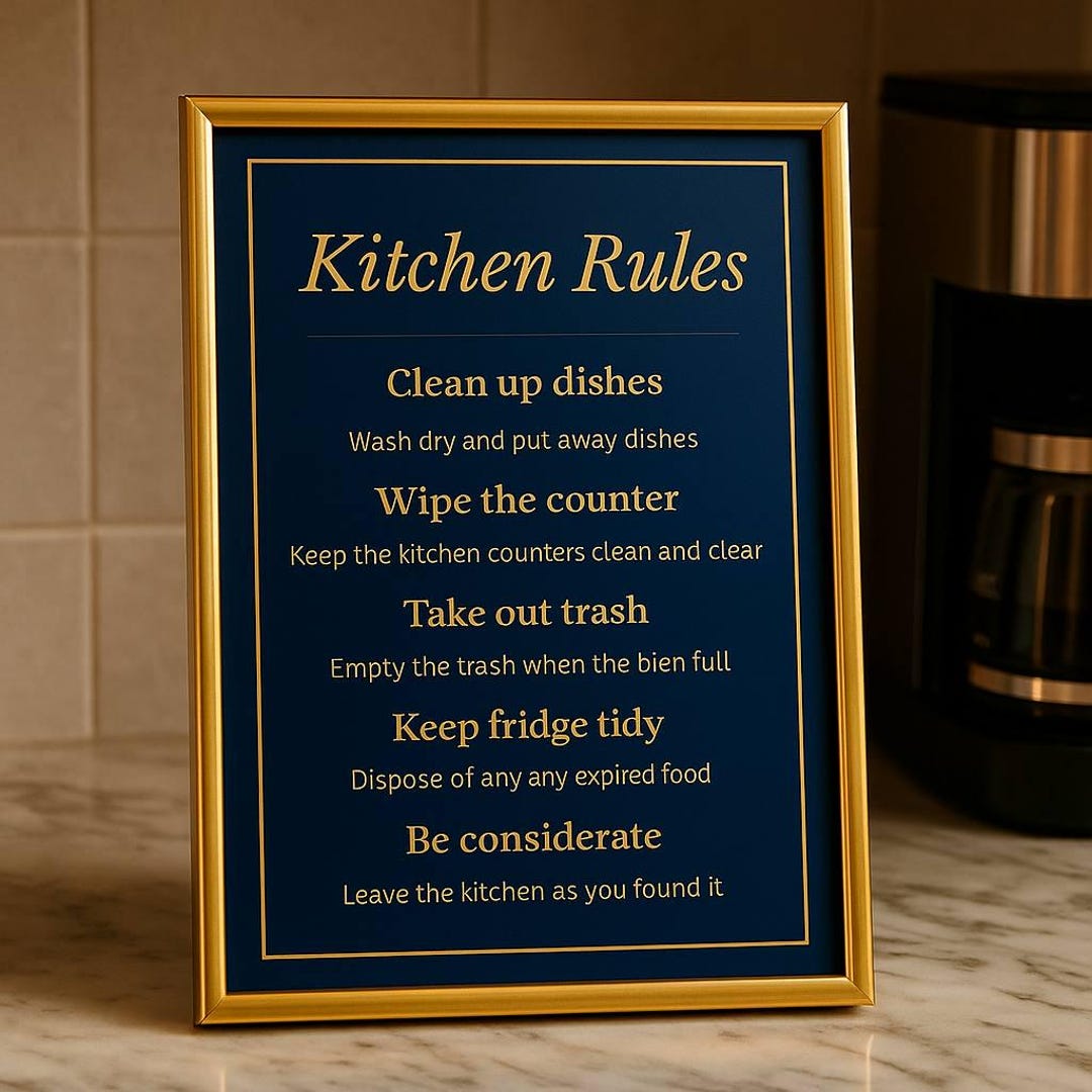 Kitchen Rules Sign Navy Blue Gold | Airbnb Printable Kitchen Rules ...