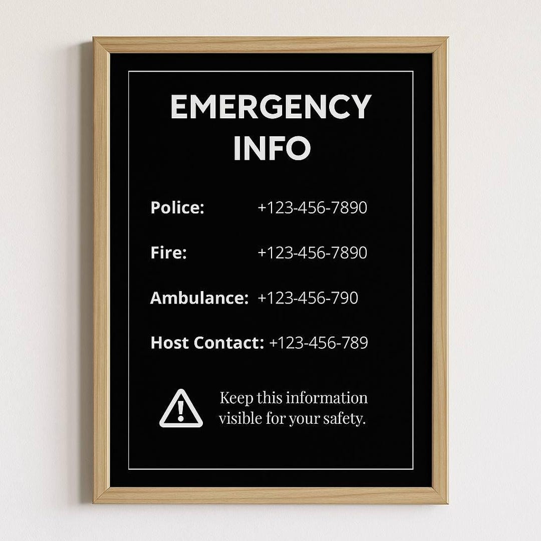Emergency Info Sign Printable | Black Safety Contact Sheet | Airbnb ...